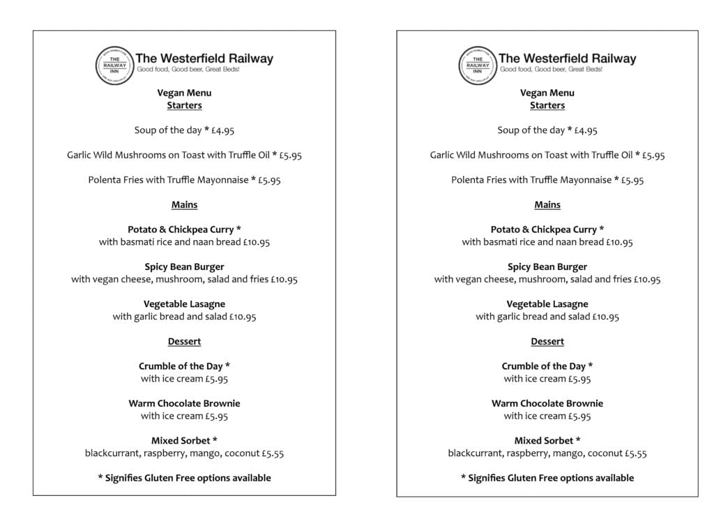 Vegan Menu - The Railway Inn
