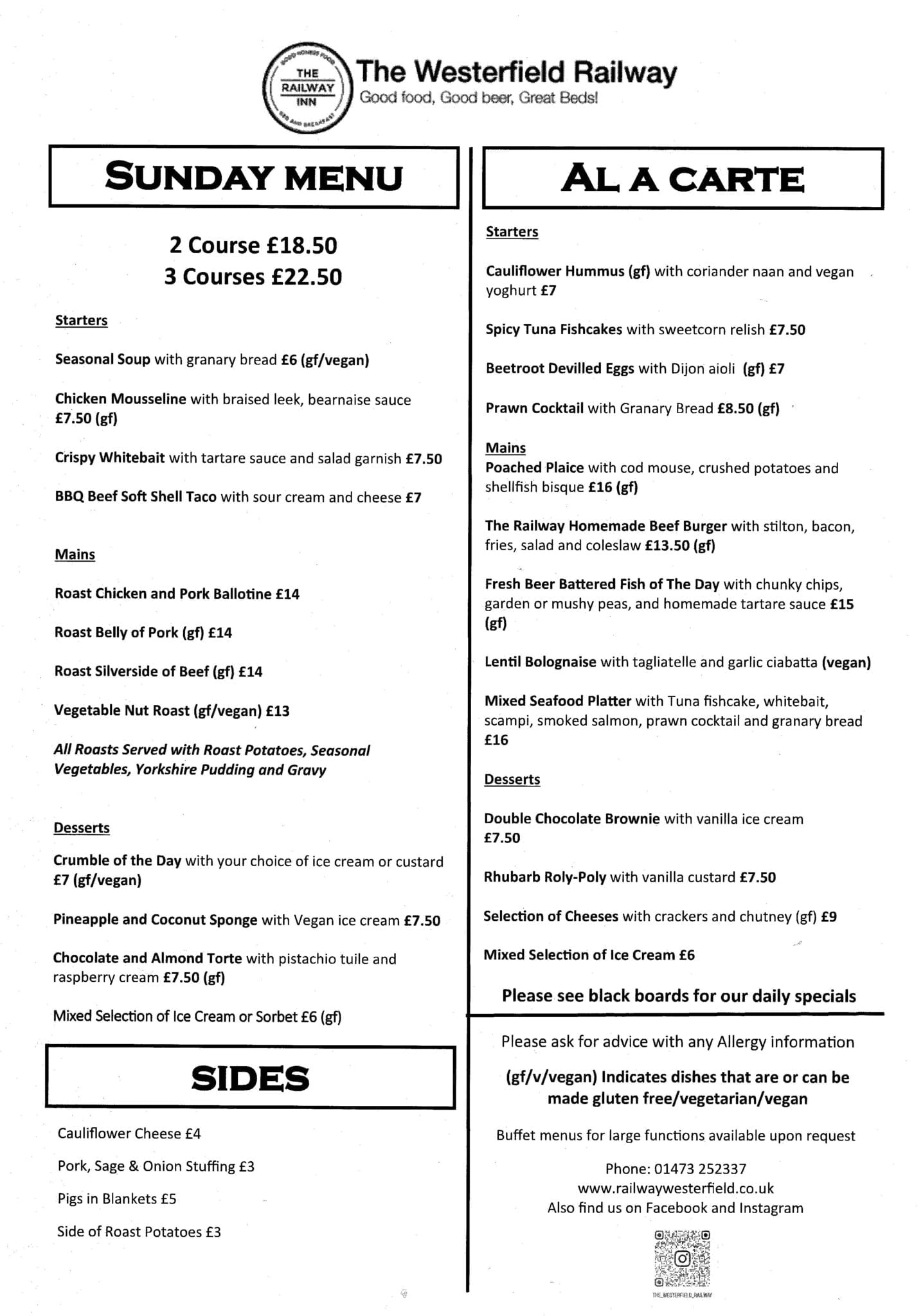 Sunday Menu - The Railway Inn