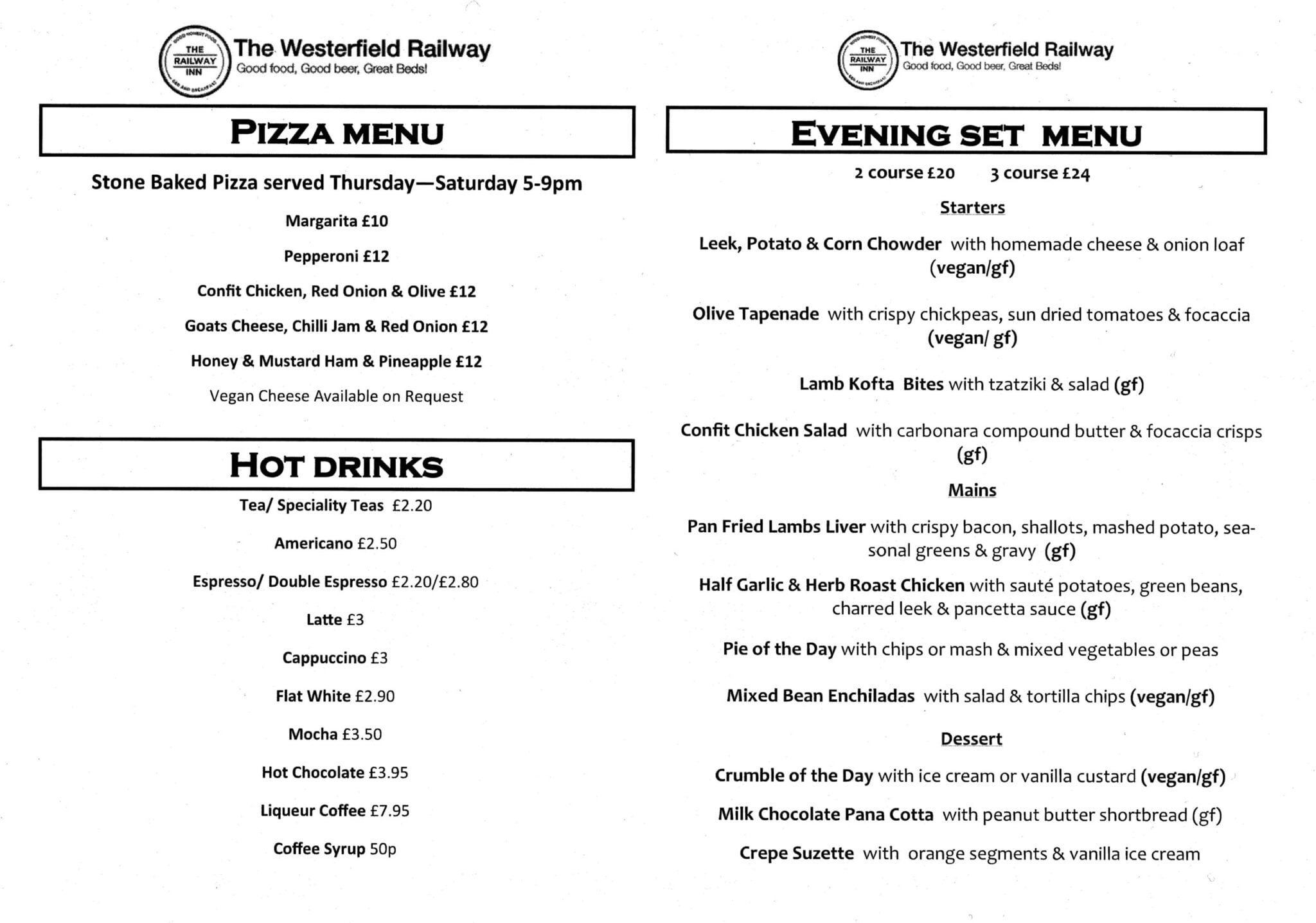 Evening Set Menu - The Railway Inn