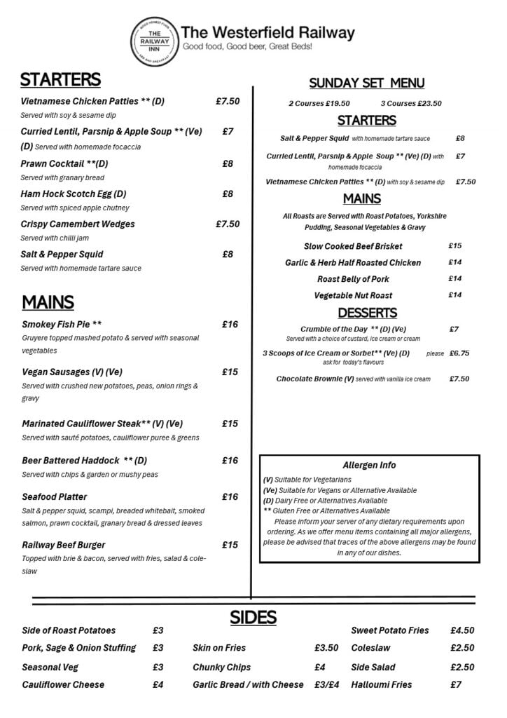 Winter Sunday Menu - The Railway Inn