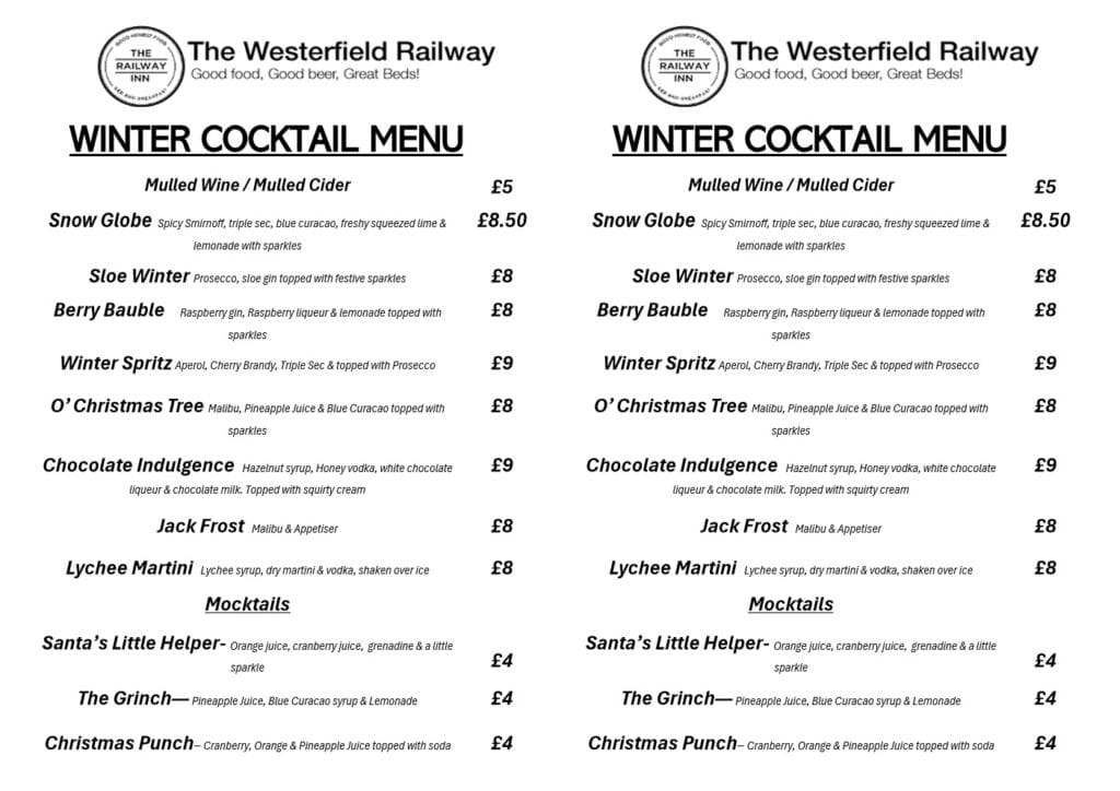 Winter Cocktails Menu - The Railway Inn