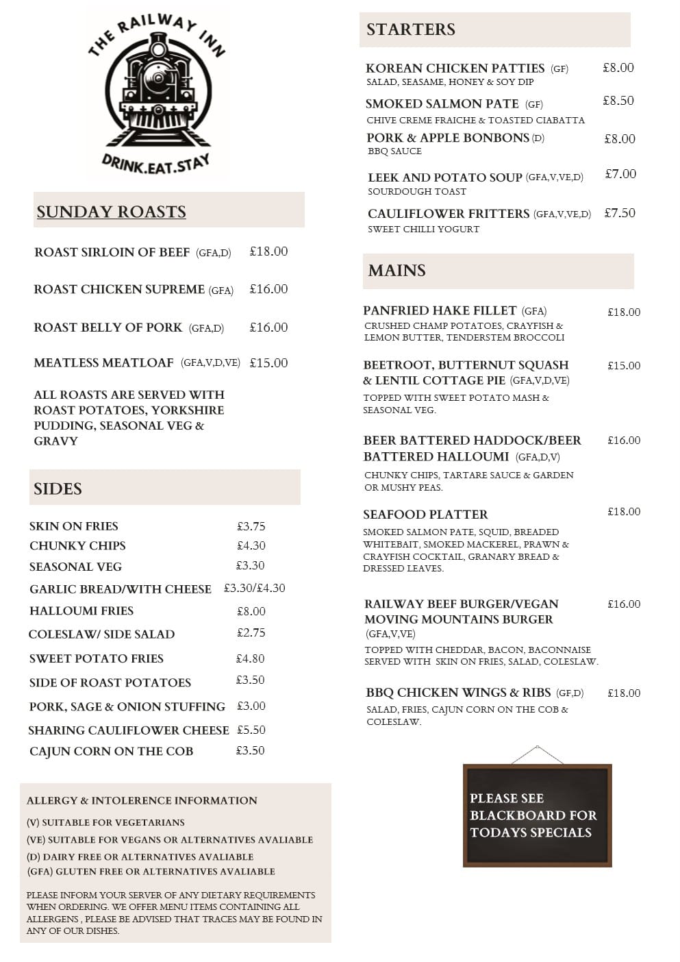 Sunday Menu - The Railway Inn