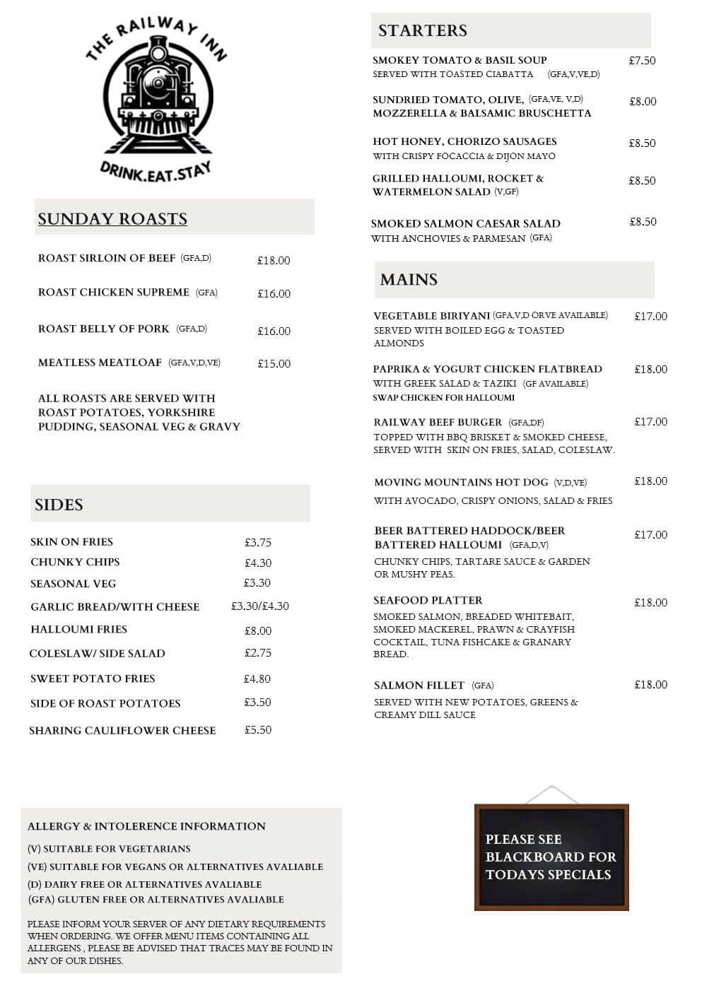 Sunday Menu - The Railway Inn